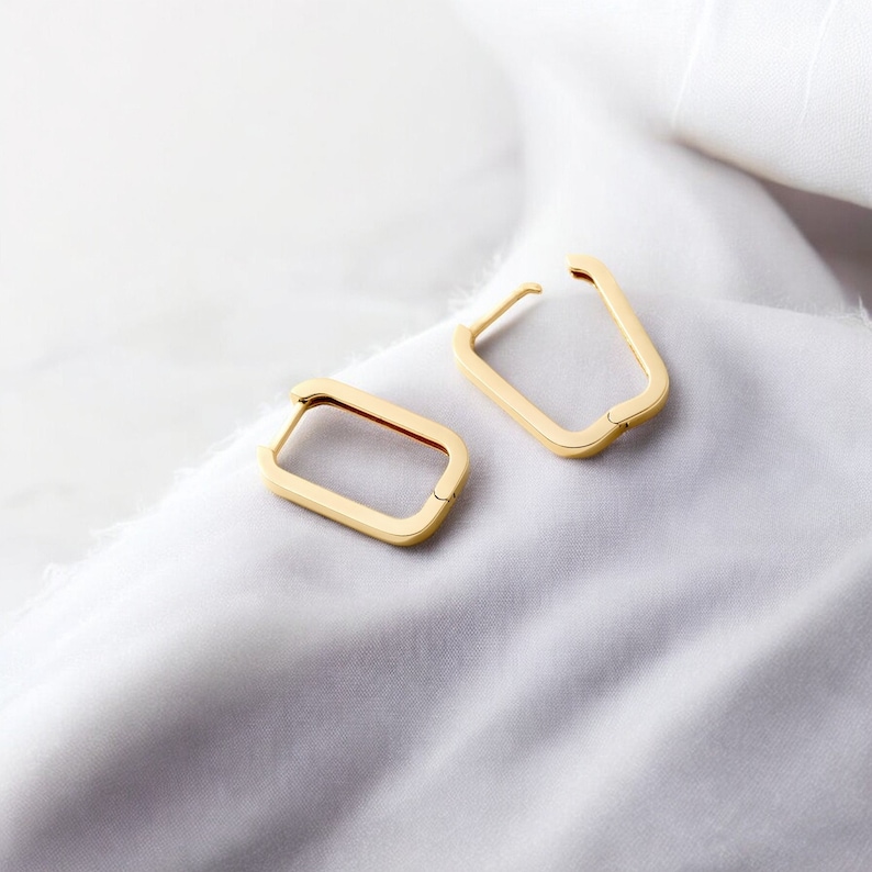 Geometric Gold Earrings - Gold Hoop Earrings - 14K Solid Gold Rectangular Huggie Hoops ...