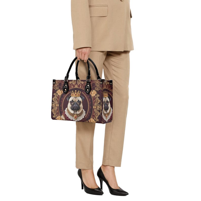 Royal Pug Handbag, Crowned Pug Vegan Leather Purse, Burgundy Floral Top ...