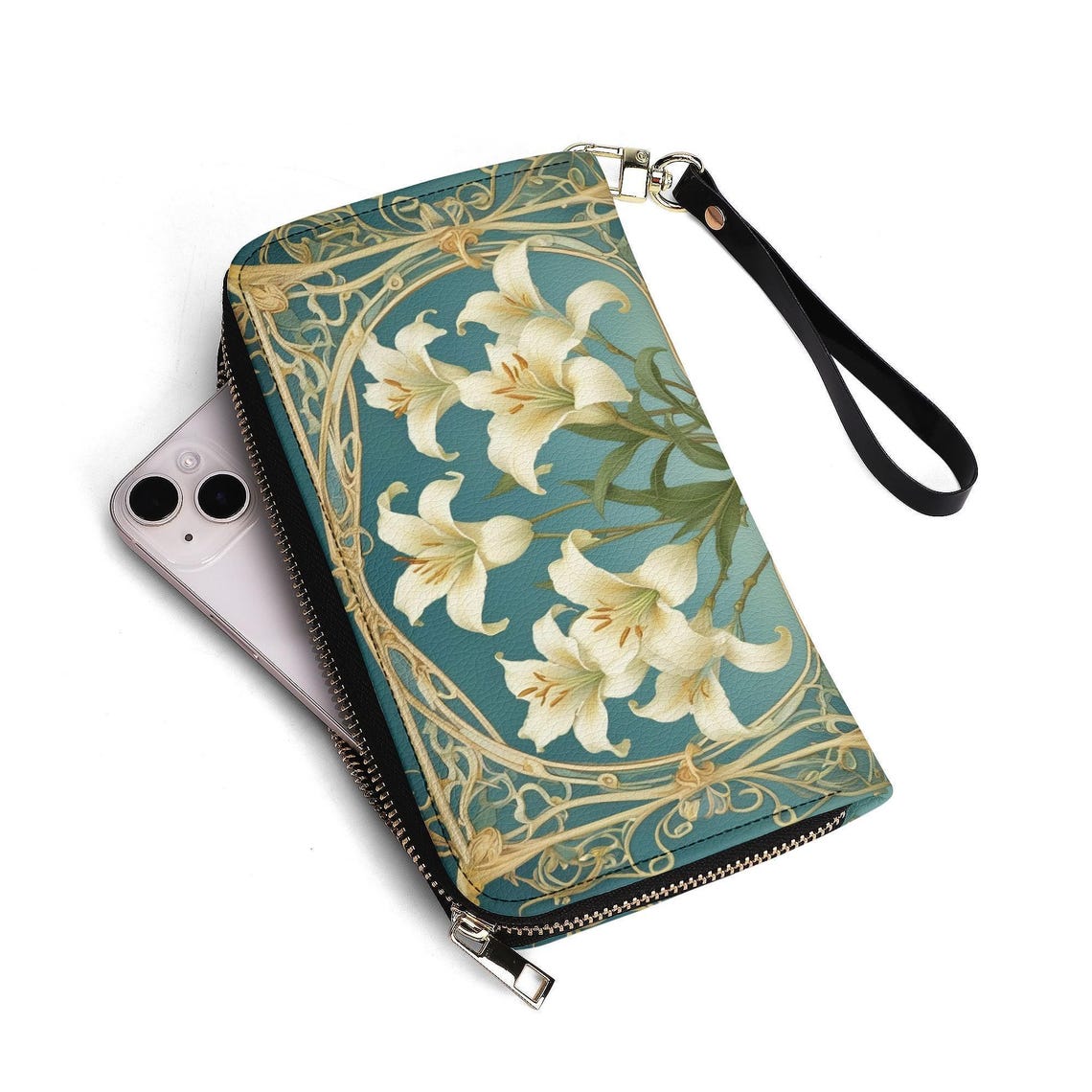 Ivory Lilies With Sky Blue Background Wallet Vegan Leather Cute Wallet ...