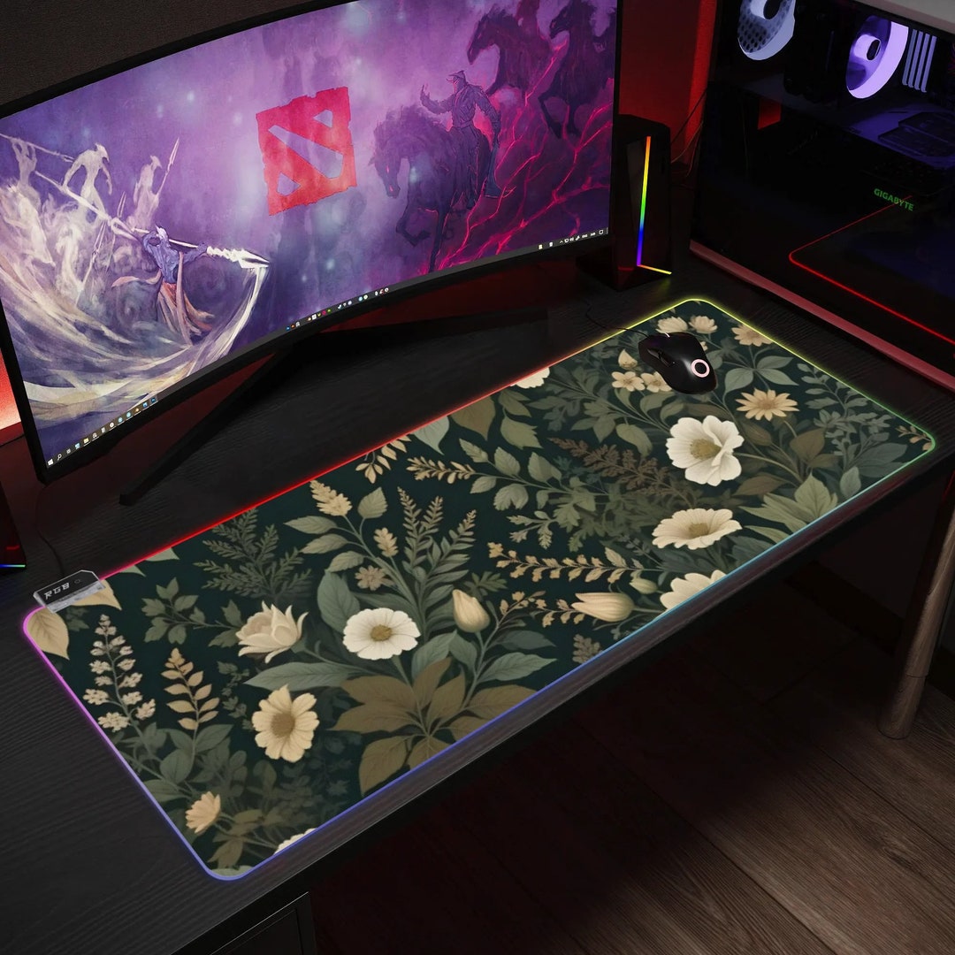Floral Cottagecore LED Keyboard and Mousepad Desk Set - Transparent RGB ...