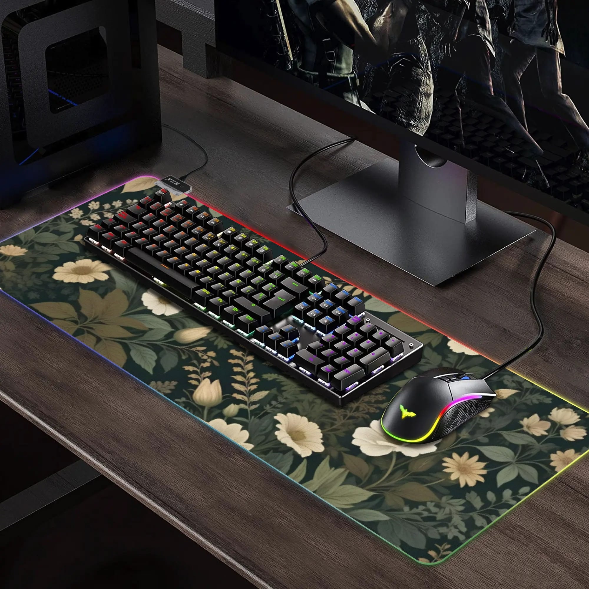 Floral Cottagecore LED Keyboard and Mousepad Desk Set Transparent RGB ...