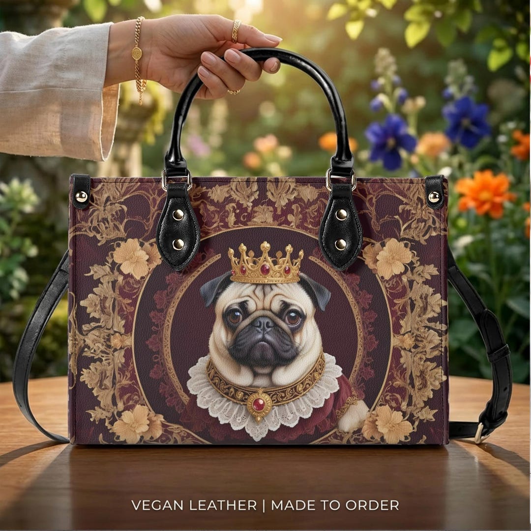 Royal Pug Handbag, Crowned Dog Vegan Leather Purse, Burgundy Floral Top ...