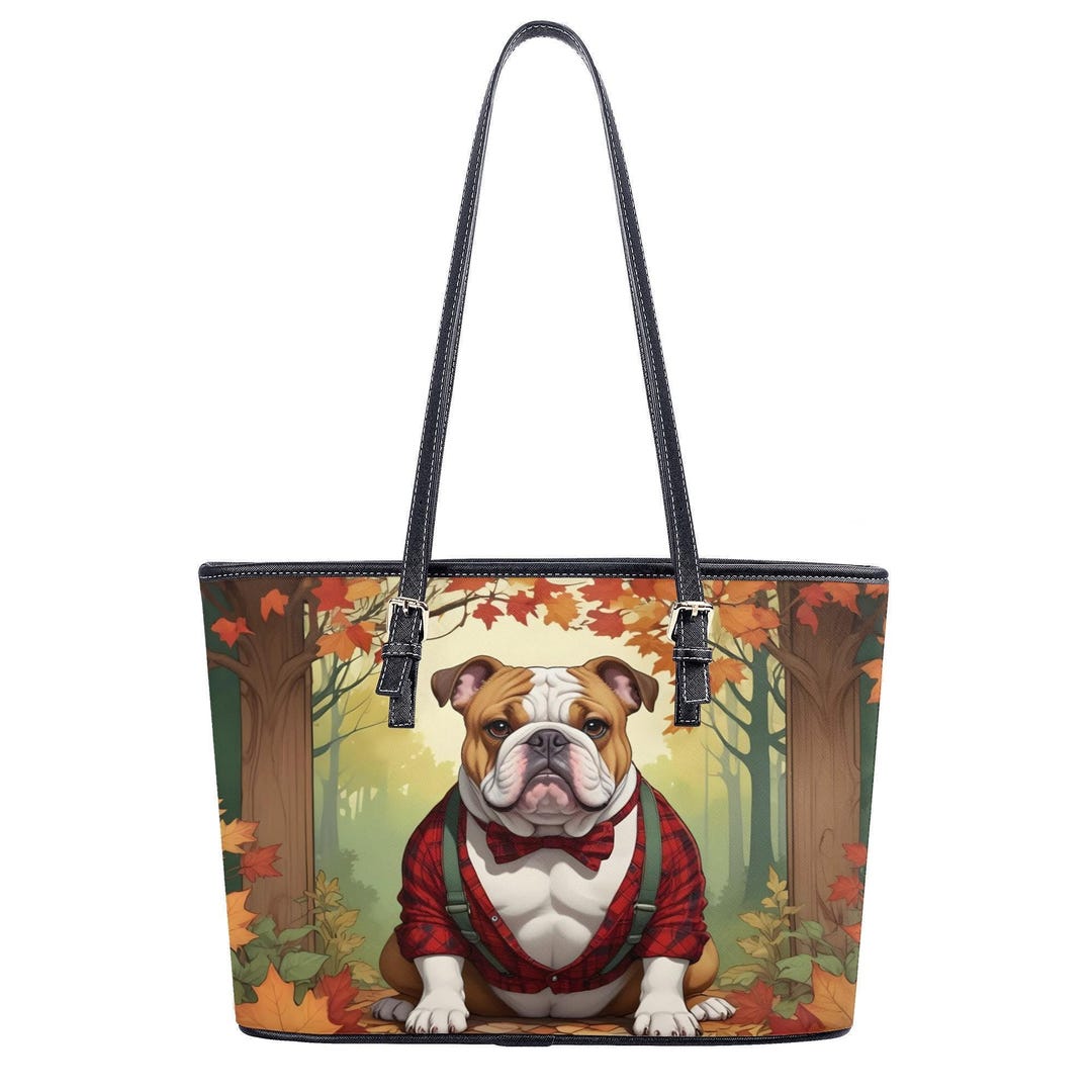 Bulldog in Flannel Shirt and Suspenders Tote Bag Cute Bag Vegan Faux ...