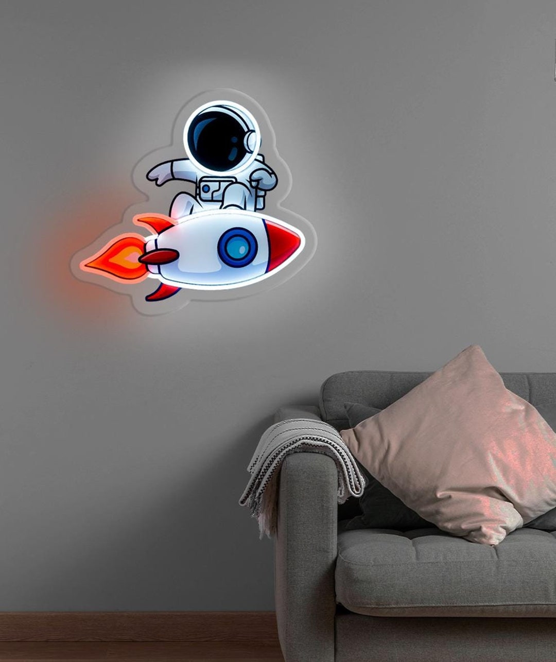 Neon Astronaut Wall Art: Space-themed LED Decor - Vibrant Rocket Design ...