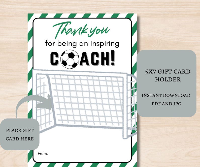 Printable Soccer Coach Gift Card Holder, Soccer Coach Thank You Card ...