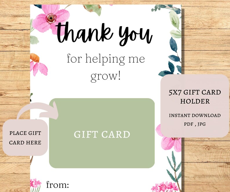 Teacher Gift Card Holder, Thank You for Helping Me Grow Printable ...