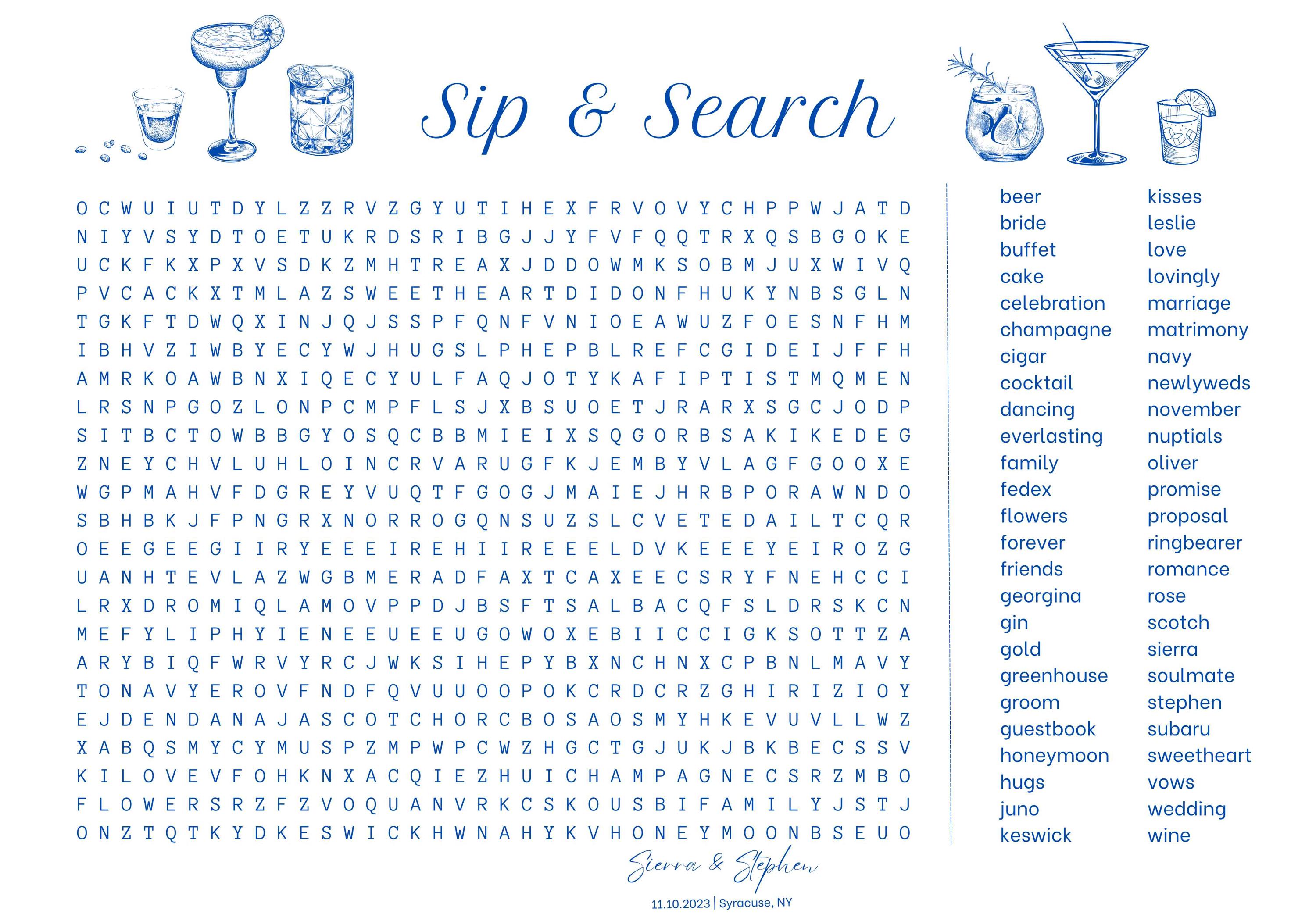 Custom Wedding Game Sip & Search Giant Word Search Game for During ...
