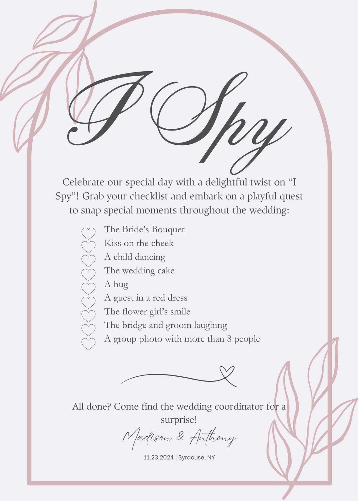Wedding Game I Spy, Cocktail Hour Game Classy Theme, Custom Wedding ...