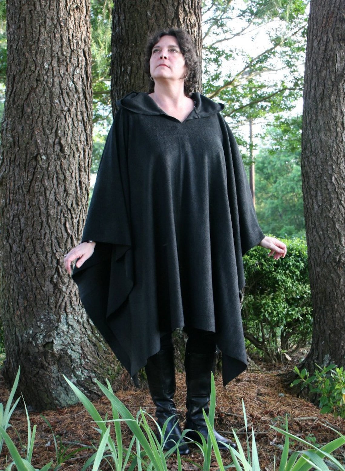 Black Hooded Antipill Fleece Poncho With Vneck or Open Front - Etsy