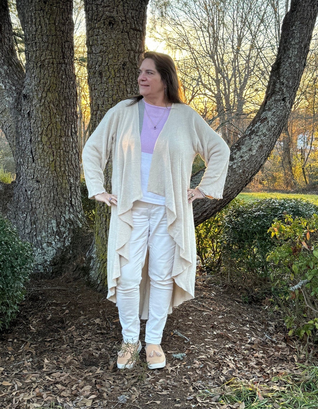 Ecru Waterfall Cardigan Silky Furry Sweater Knit Long Sleeve Duster ...