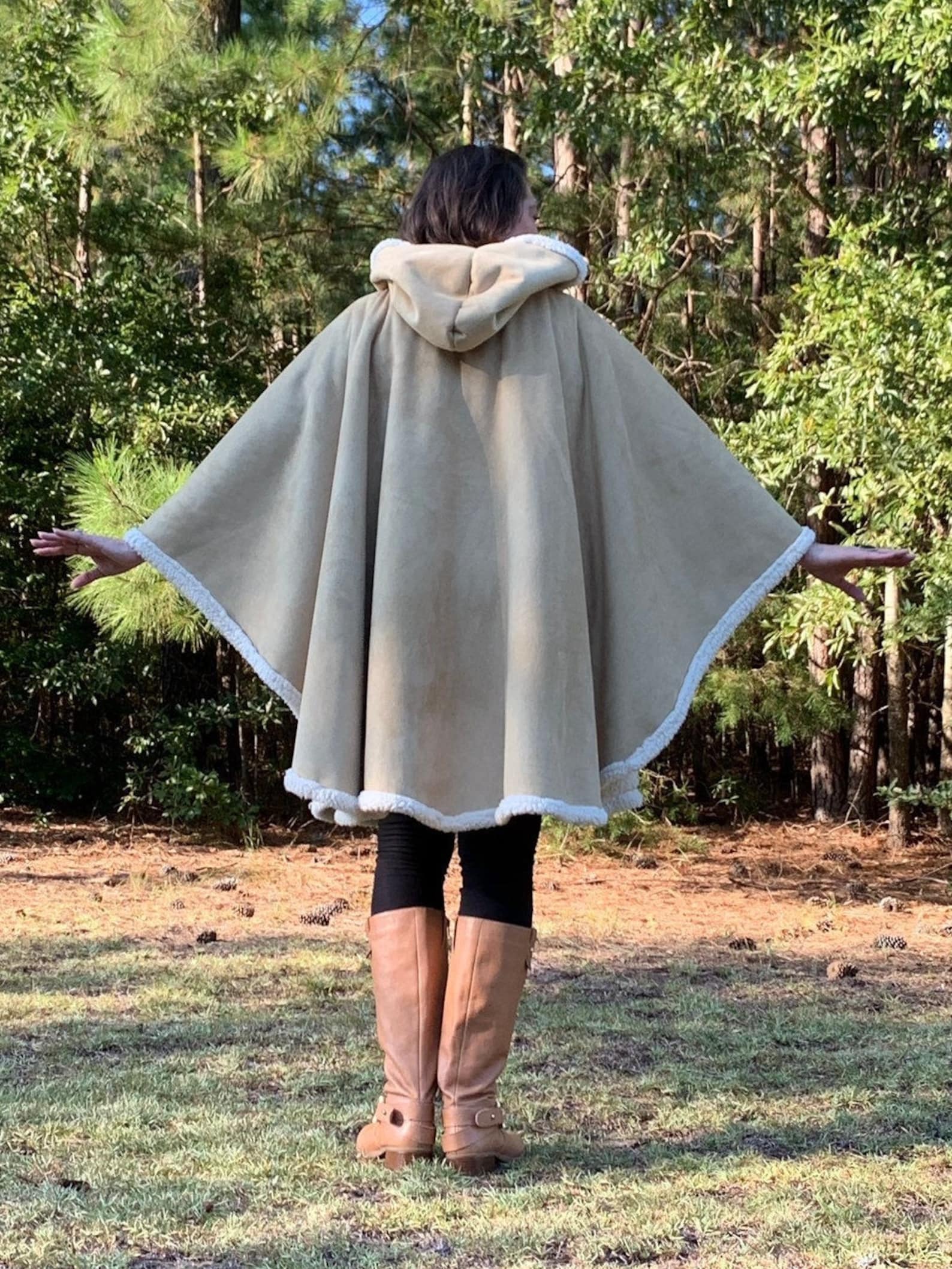 Beige Faux Suede and Ivory Sherpa Hooded Fleece Poncho With Front ...