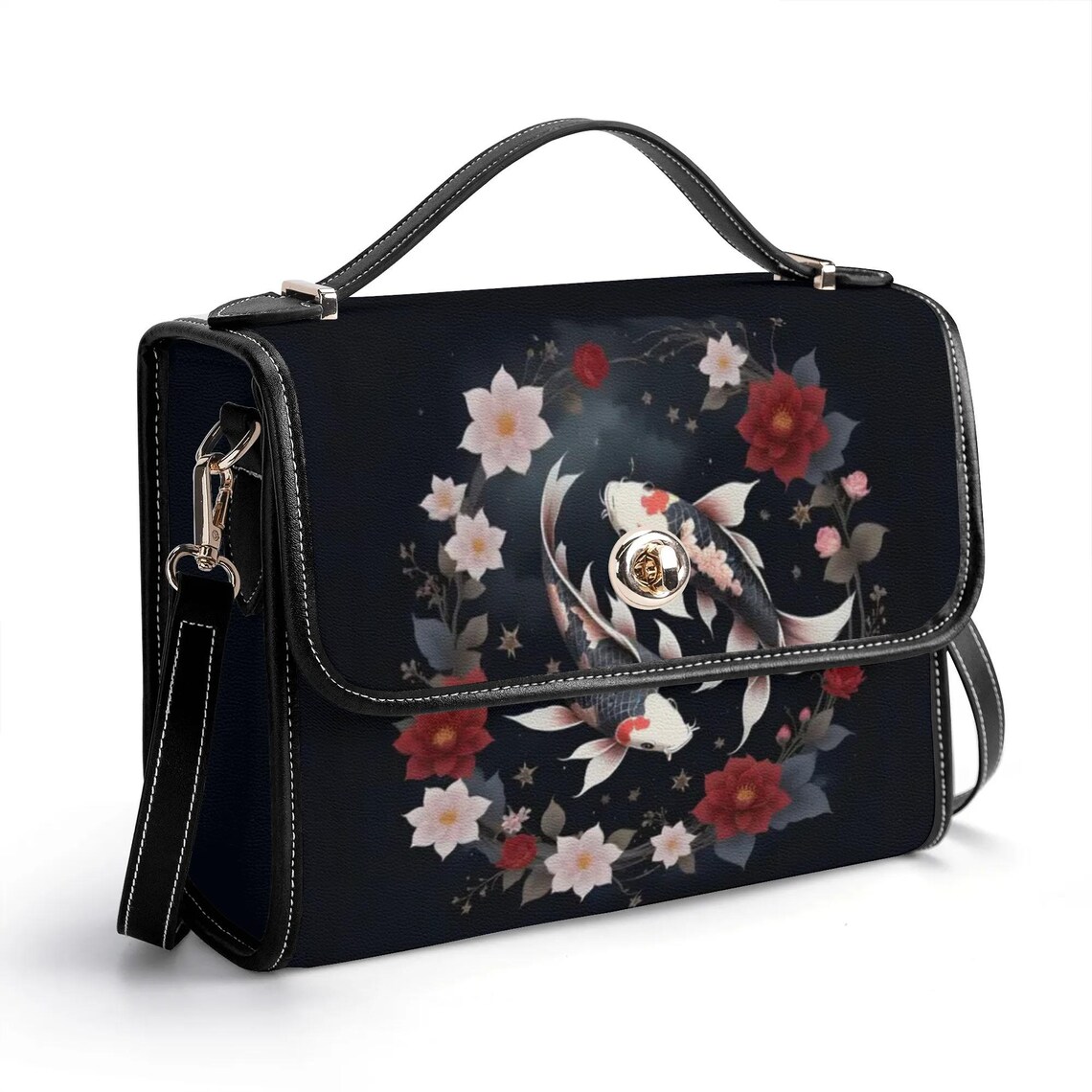 Koi Fish Vegan Leather Satchel Bag: Black Crossbody Purse - Etsy