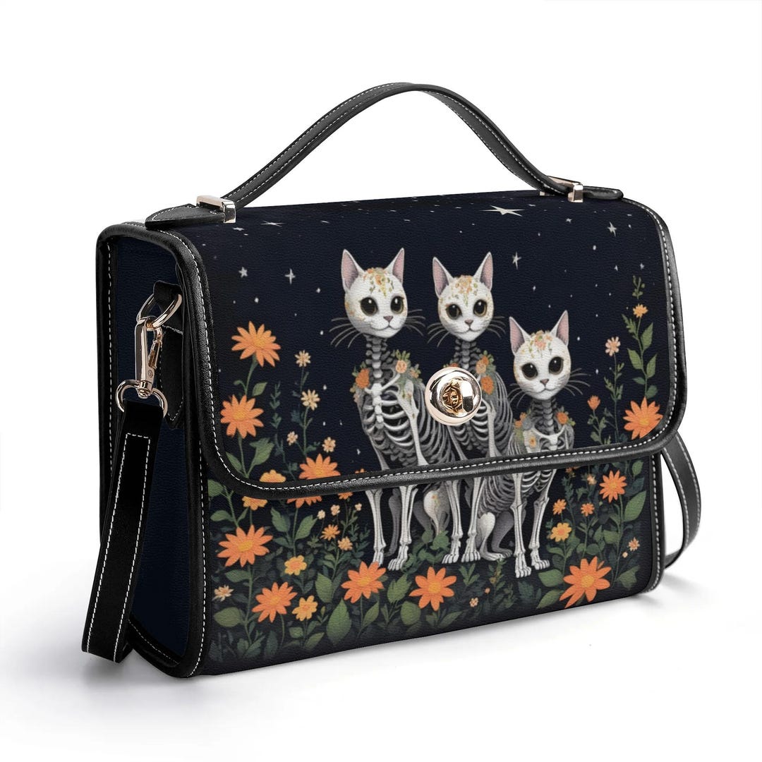 Cat Skeletons Vegan Leather Bags Black Satchel Bag Crossbody Purse Cute ...