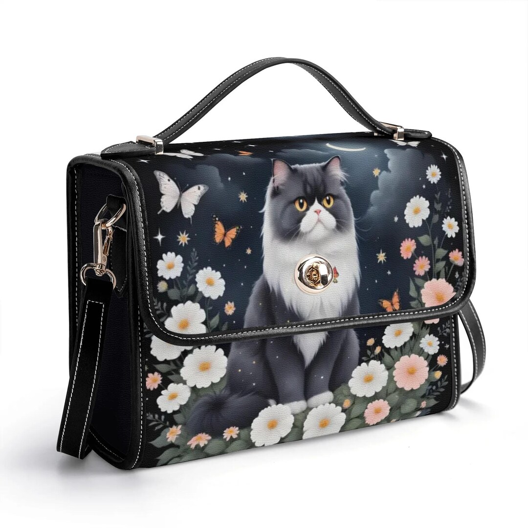 Persian Cat Black Satchel Bag - Crossbody Purse With Cute Strap ...