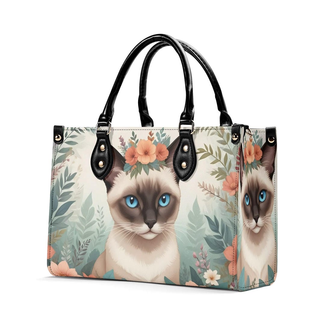 Floral Siamese Cat Bag Vegan Leather Cute Handbags Shoulder Bag, Small ...