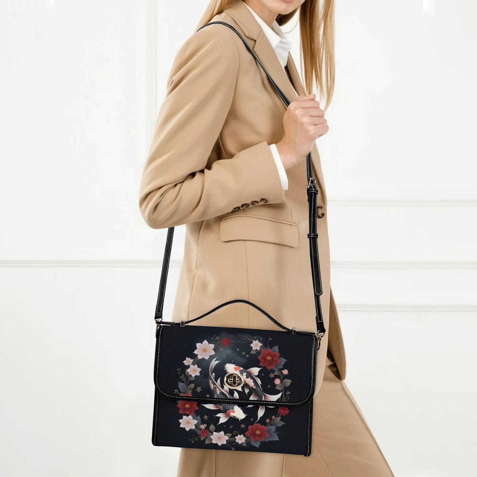 Koi Fish Vegan Leather Satchel Bag: Black Crossbody Purse - Etsy