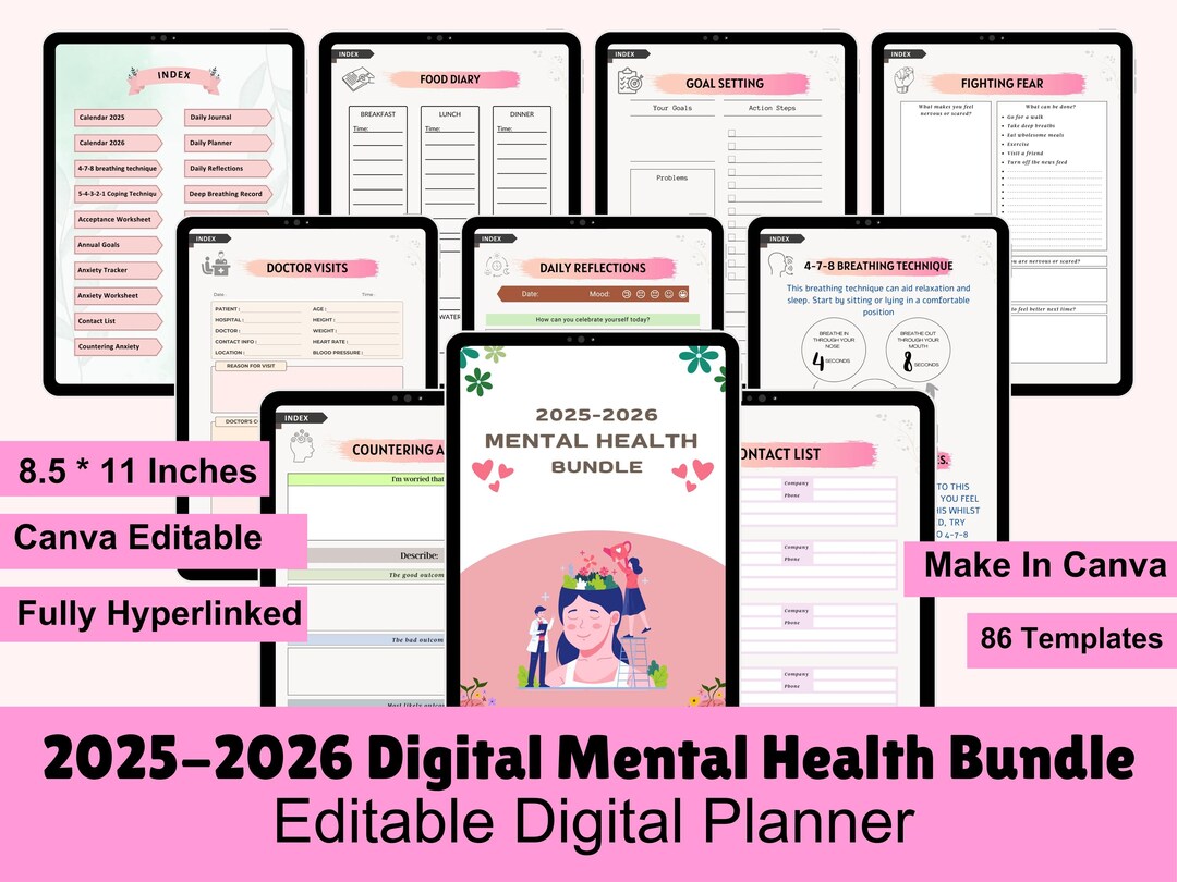 2025 Mental Health Planner Bundle, Self-care Digital Journal, Printable ...