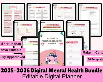 2025 Mental Health Planner Bundle, Self-care Digital Journal, Printable ...