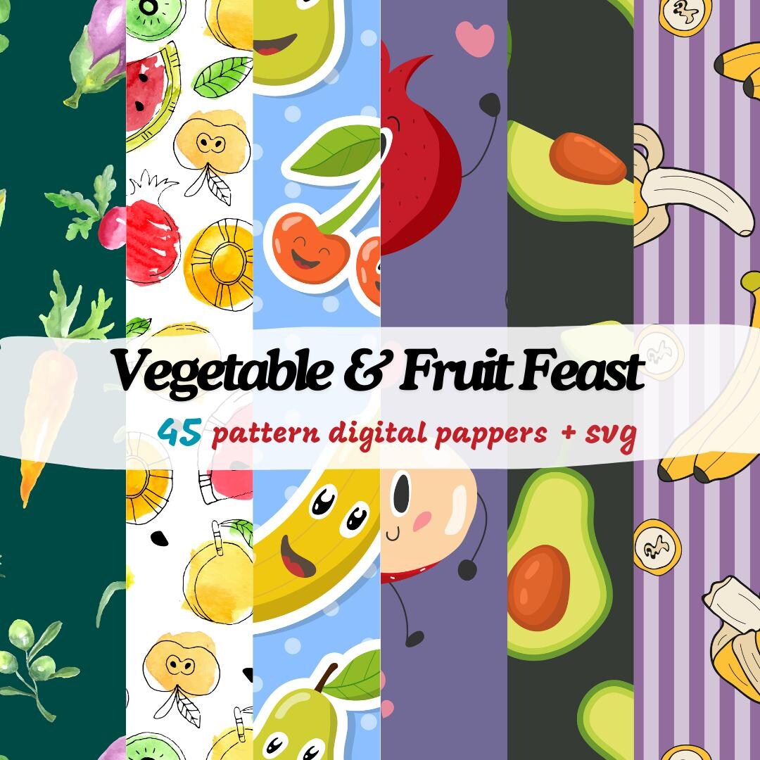 Fruit Vegetable Mixed Art Pattern Flawless Digital Papers Printable ...