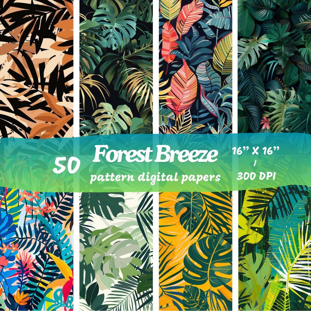 Tropical Jungle Digital Paper: 50 Seamless Forest Patterns (16''x16 ...