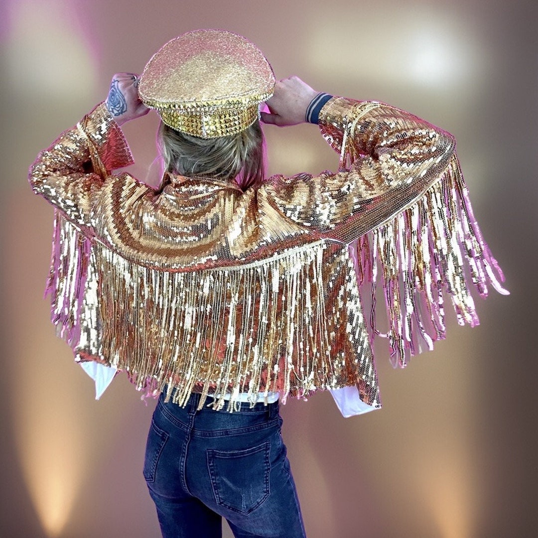 Unisex Gold Sequin Jacket, Disco Jacket, Tassel Jacket, Vintage Fringed ...