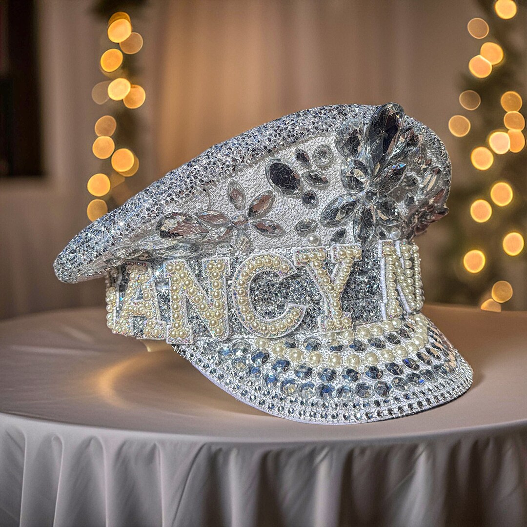 Personalized Silver Rhinestone Hat / Sequin Hat, Party Captain Hat ...