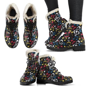 Primary Music Notes Vegan Leather Boots With Faux Fur Lining Winter ...