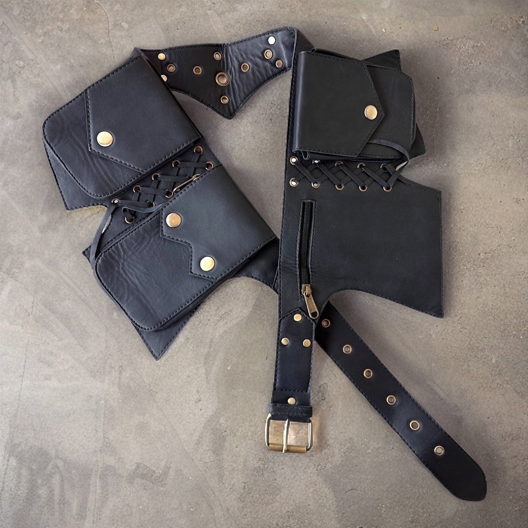 UPDATED Genuine Leather Utility Belt Black, 5 Pockets Fanny Pack Travel ...
