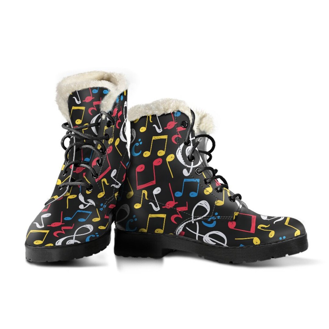 Primary Music Notes Vegan Leather Boots With Faux Fur Lining Winter ...