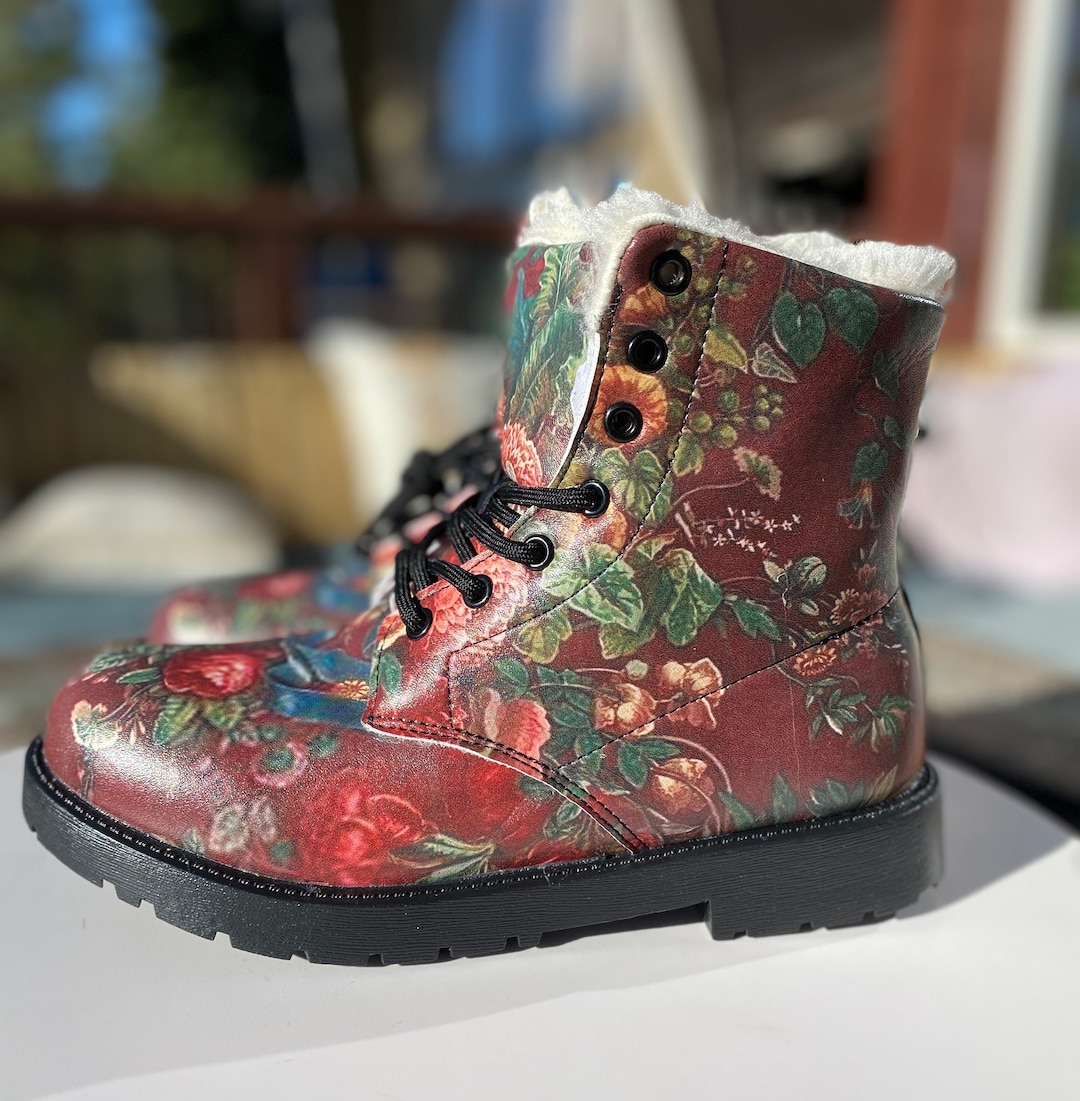 Classic Botanical Vegan Leather Boots With Faux Fur Lining - Etsy