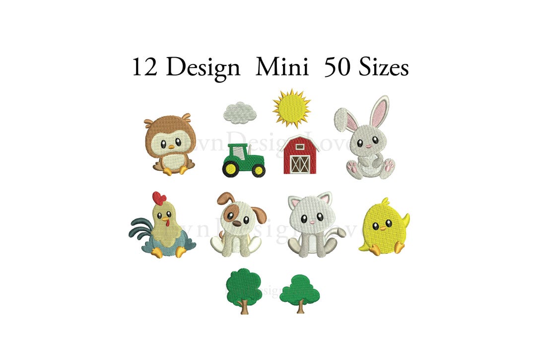 Set Mini Farm Animals Embroidery, Set Mini Animals Embroidery, Mini ...
