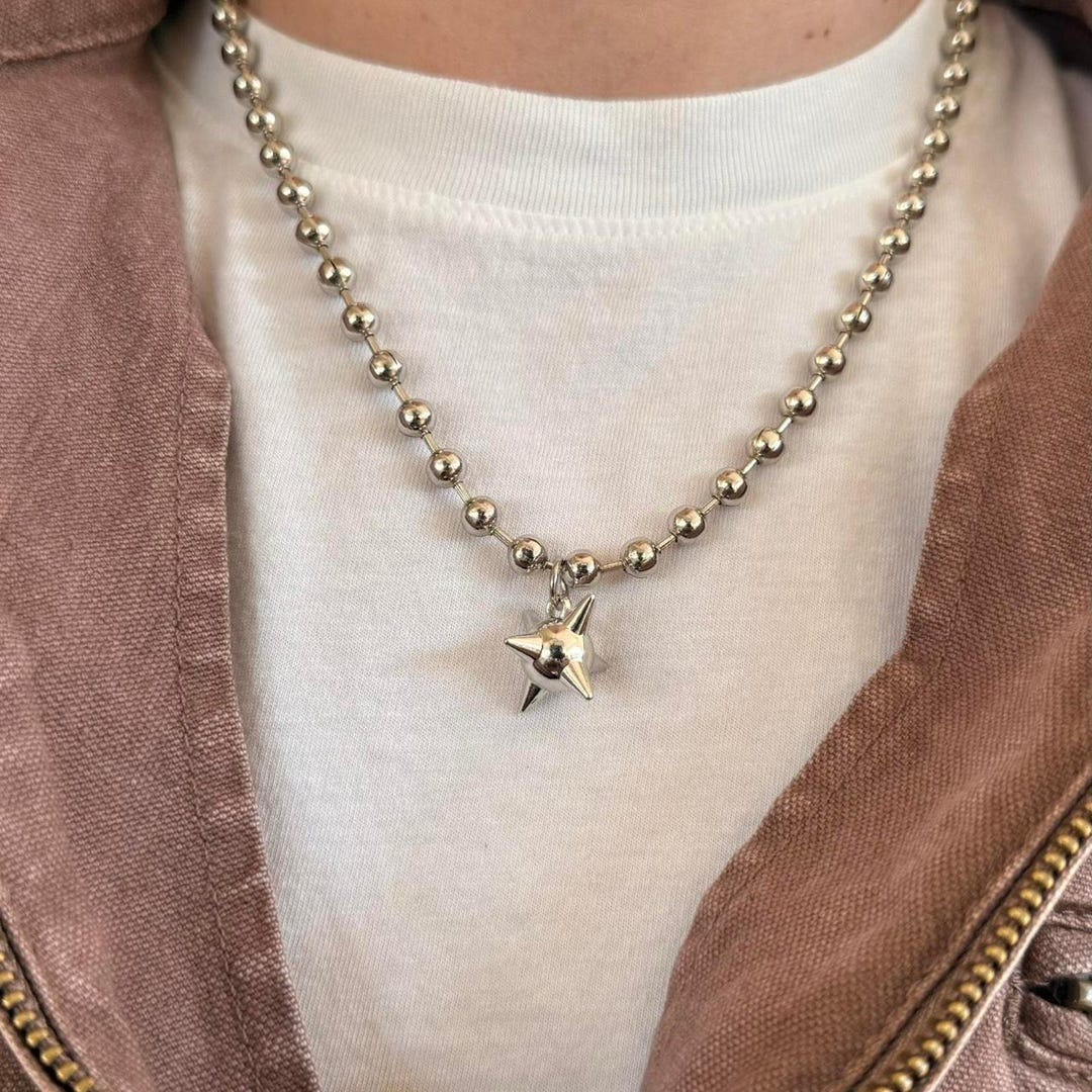 Y2k 2000s Silver Bead Pendant Barbed Ball Pendant Chain Necklace - Etsy