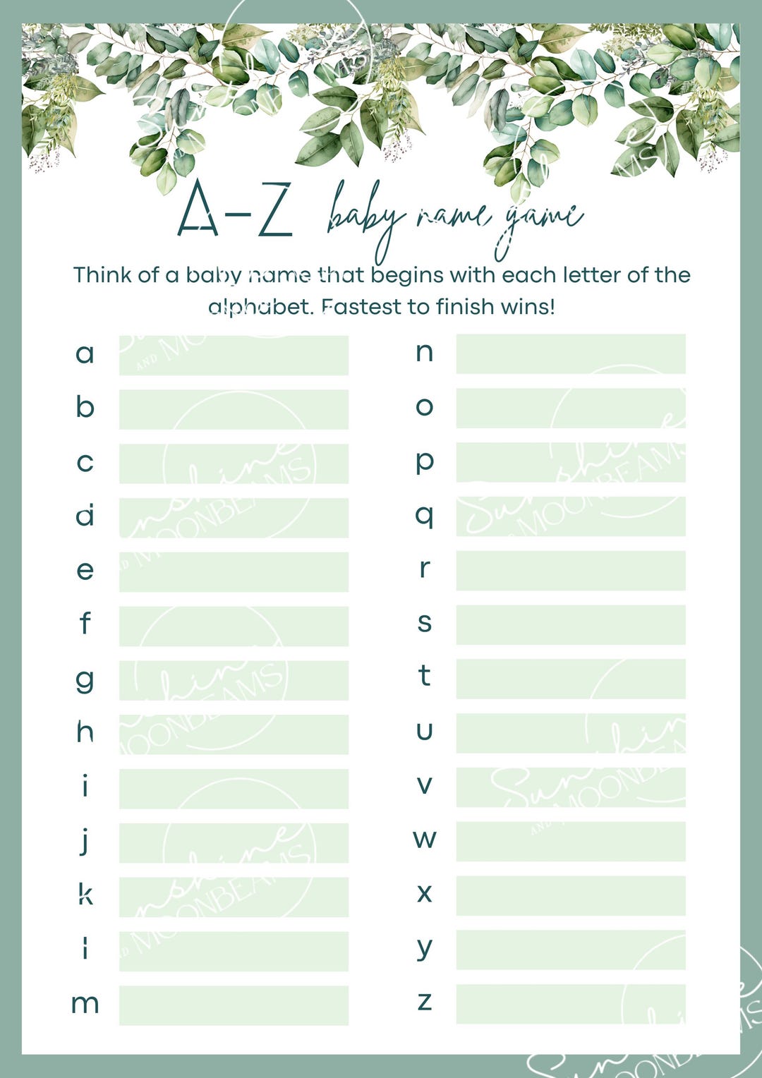 A-Z Baby Name Game | Baby Shower Game | Print Out | Party Game ...