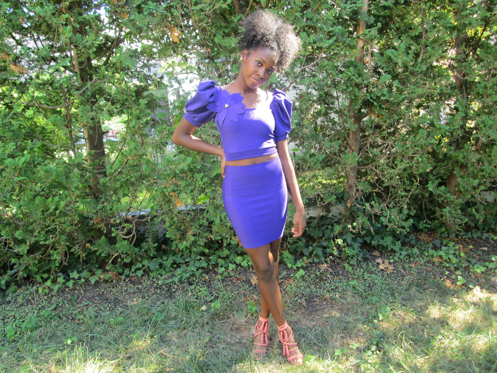 Puff Sleeve Crop Top, Flower Crop Top, Purple Crop Top, Club Wear ...