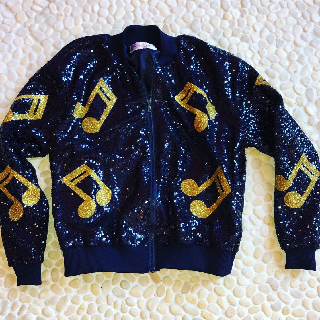 Navy Blue Sequin Bomber Jacket With Gold Music Notes, Unisex, Concert ...