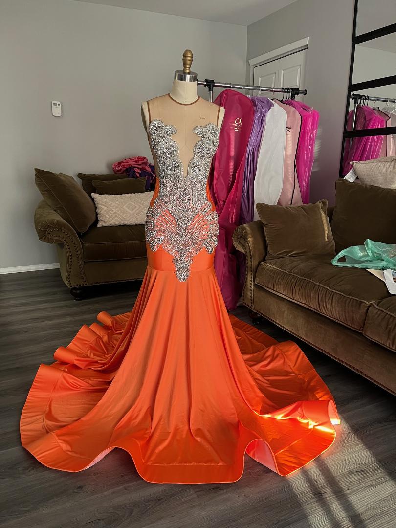 Crystal Applique Prom Gown, Orange Prom Gown, Bling Gown, Mermaid Gown ...