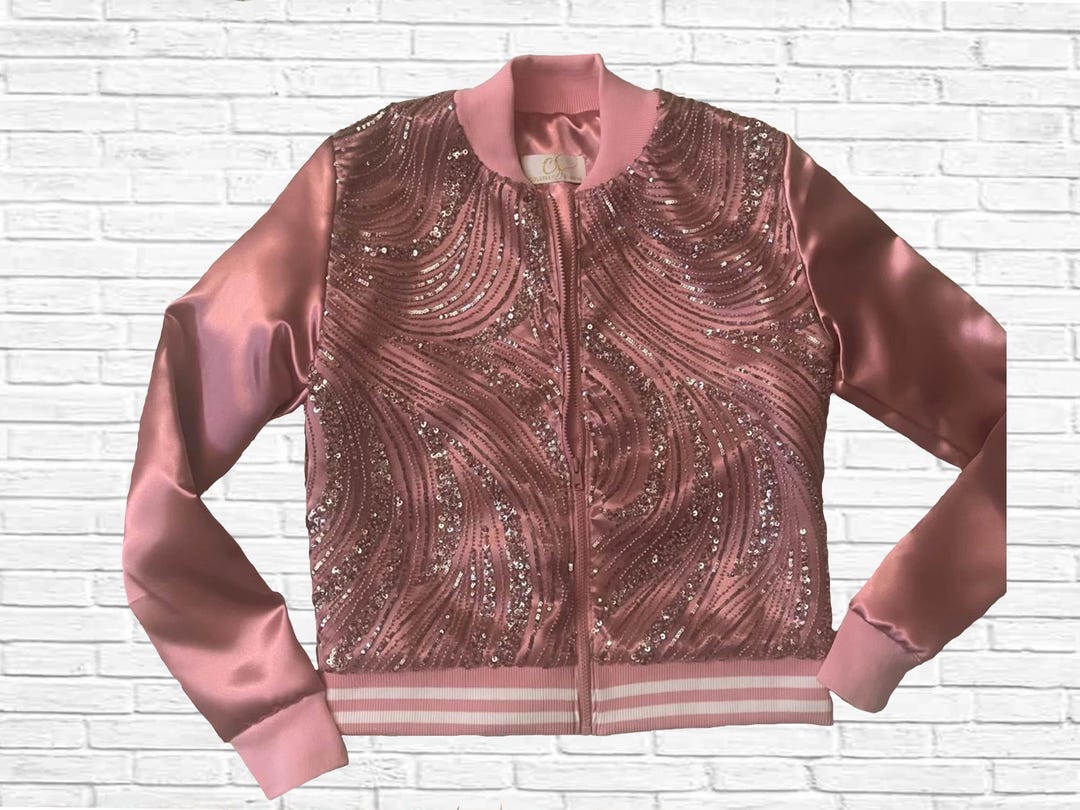 Liquid Satin Beaded Pink Bomber Jacket, Rose Gold Varsity Jacket ...