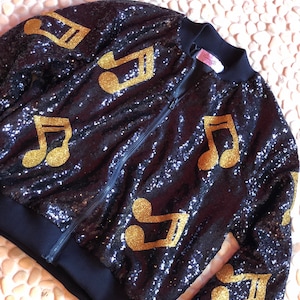 Navy Blue Sequin Bomber Jacket With Gold Music Notes, Unisex, Concert ...