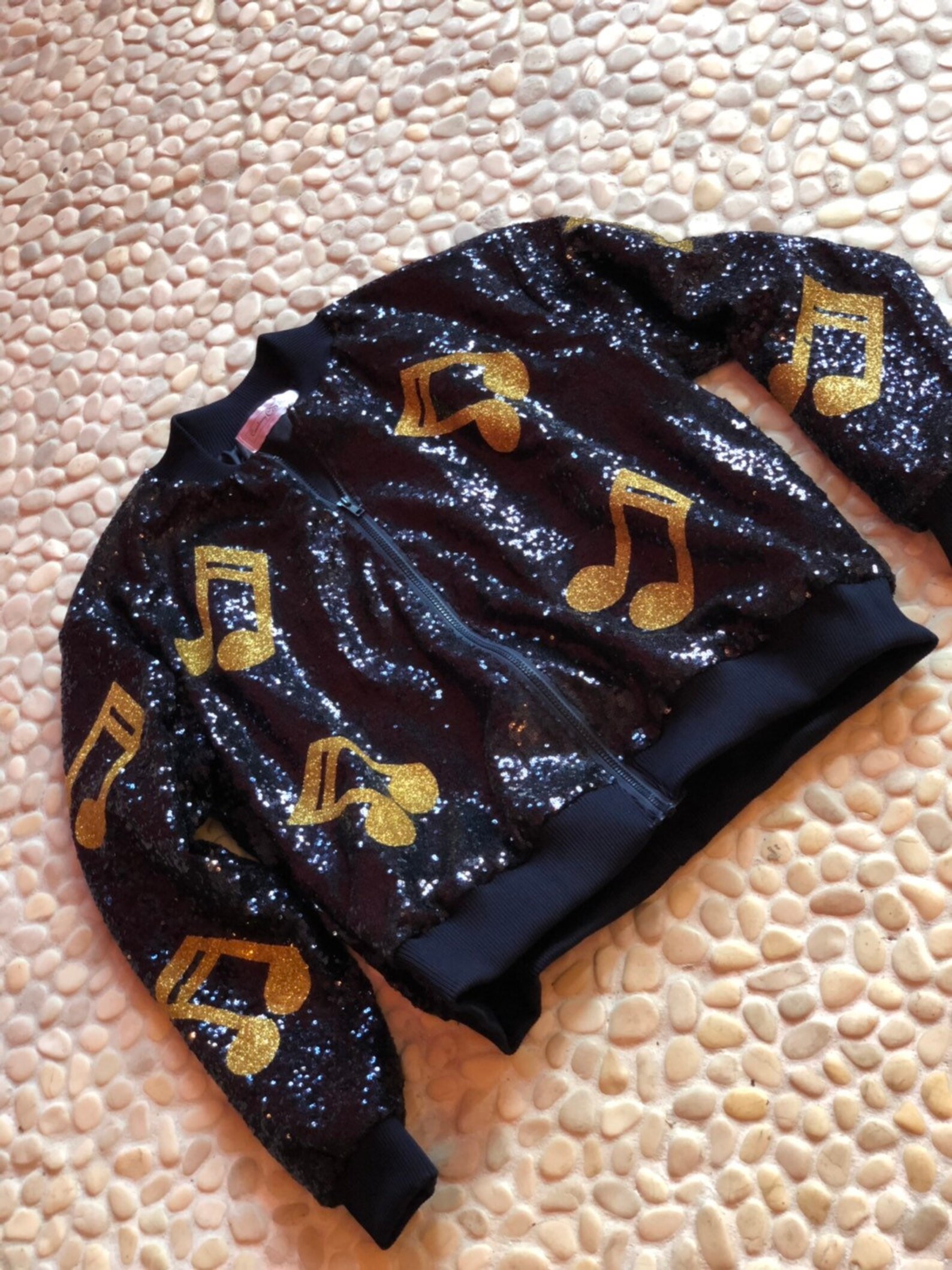 Navy Blue Sequin Bomber Jacket With Gold Music Notes, Unisex, Concert ...