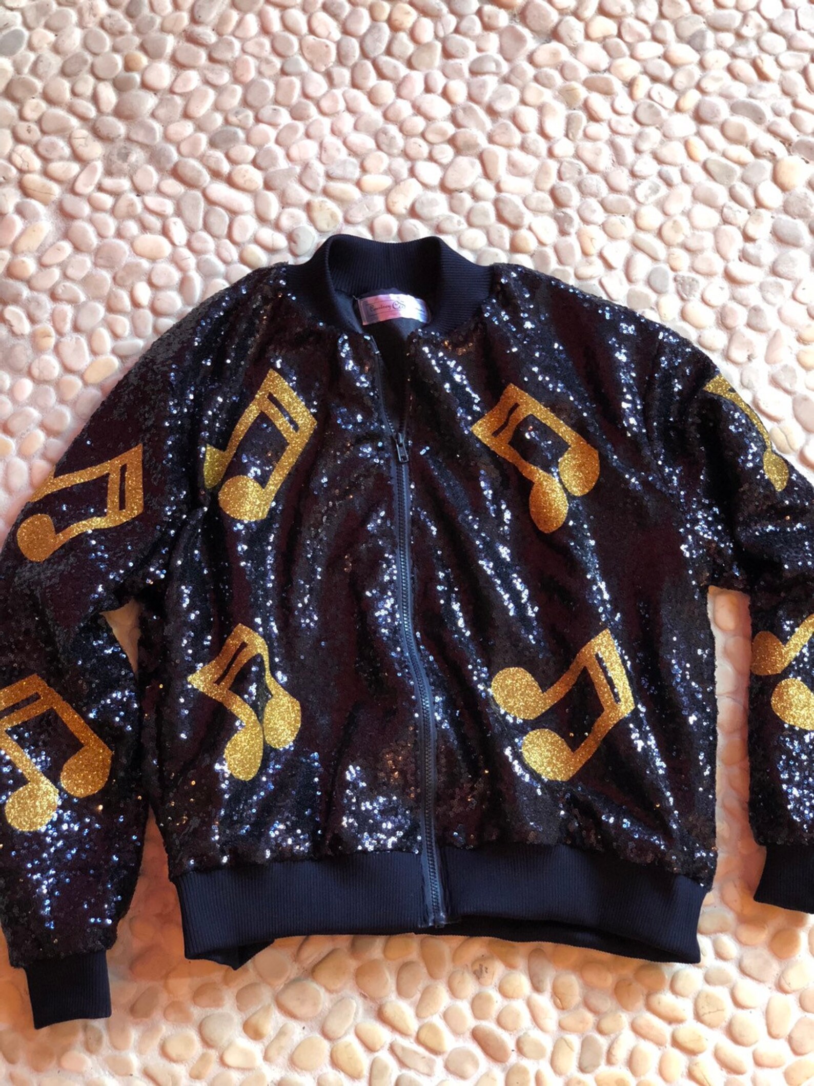 Navy Blue Sequin Bomber Jacket With Gold Music Notes, Unisex, Concert ...