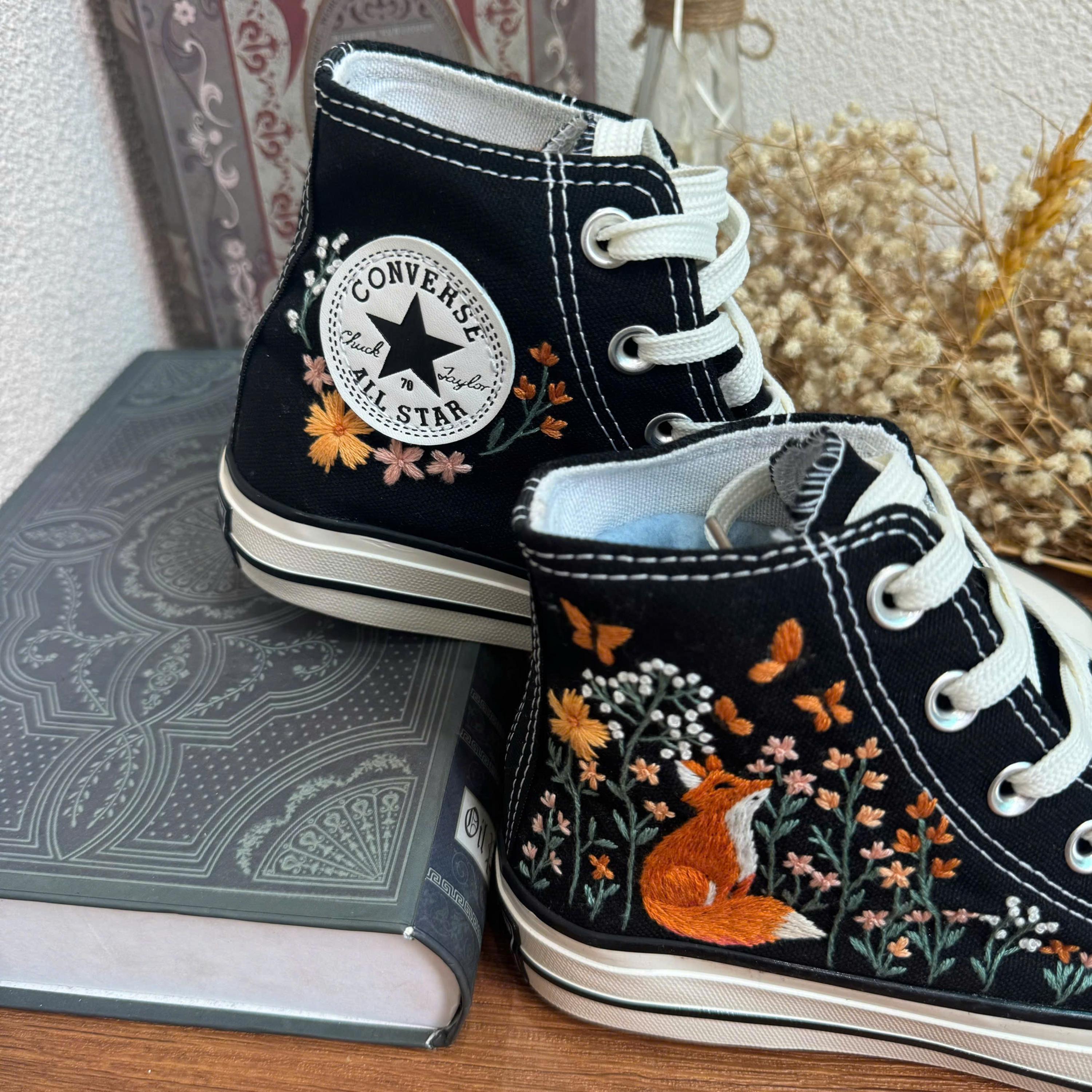 Custom Embroidered Fox Converse Sneakers: Hand-stitched Floral Design ...