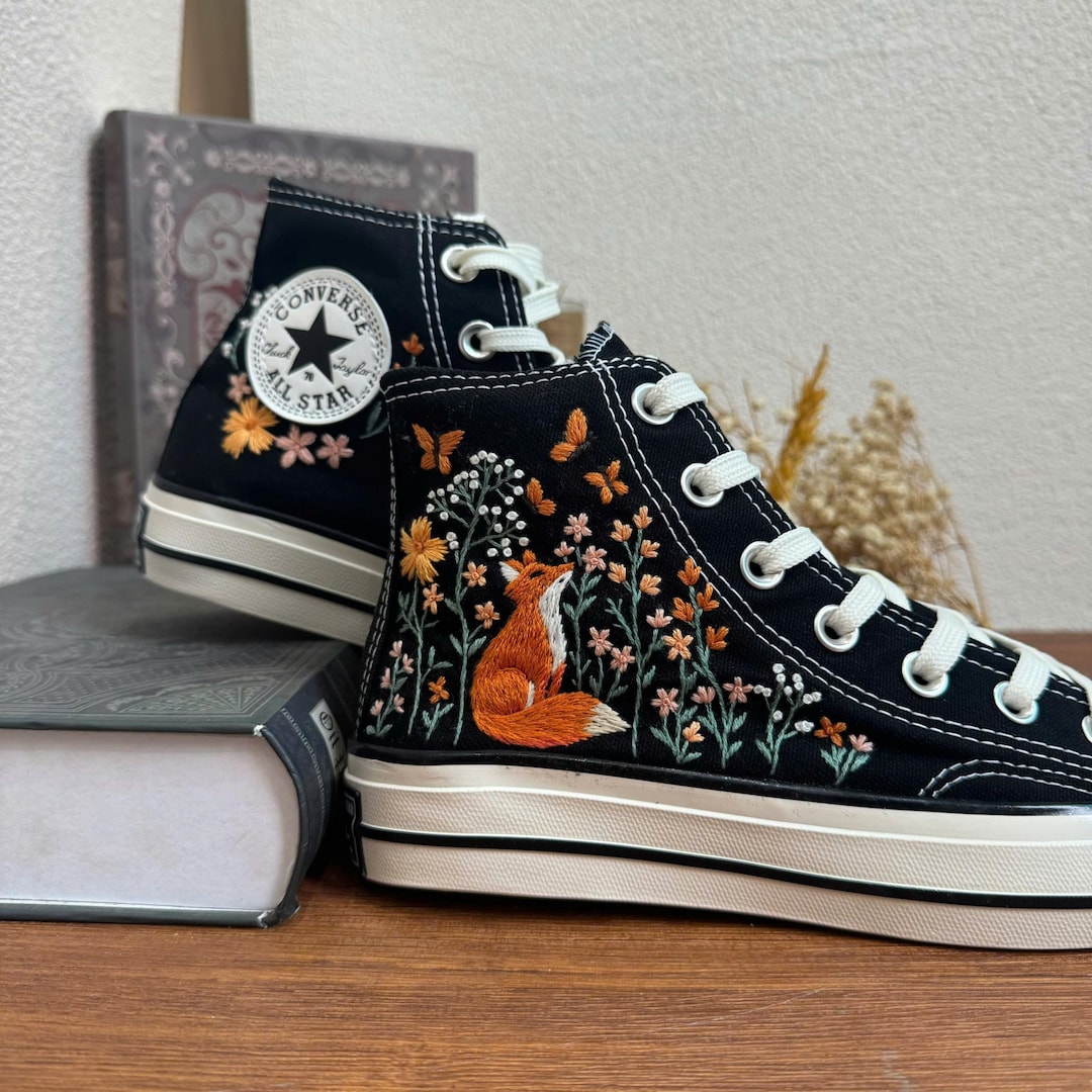 Custom Embroidered Fox Converse Sneakers: Hand-stitched Floral Design ...
