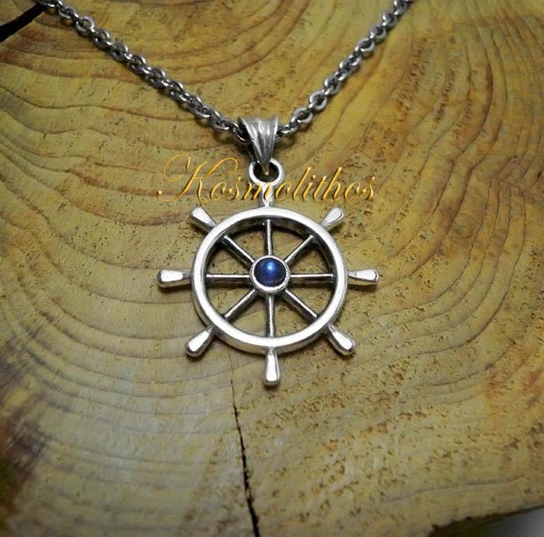 Sterling Silver Wheel Necklace, Labradorite Sailor Pendant, Navy ...