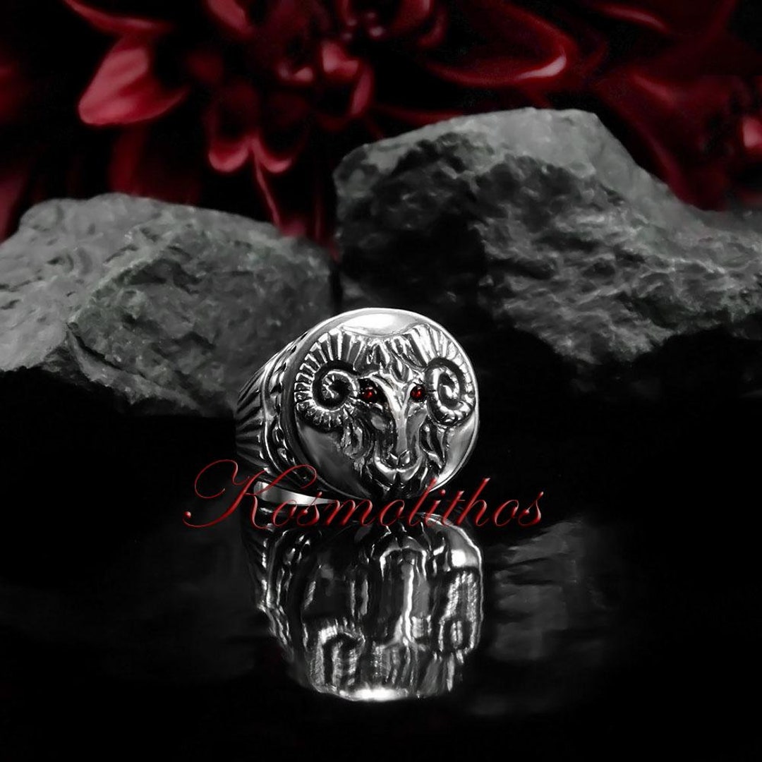Sterling Silver Ram Head Ring, Gothic Aries Signet With Garnet Eyes ...