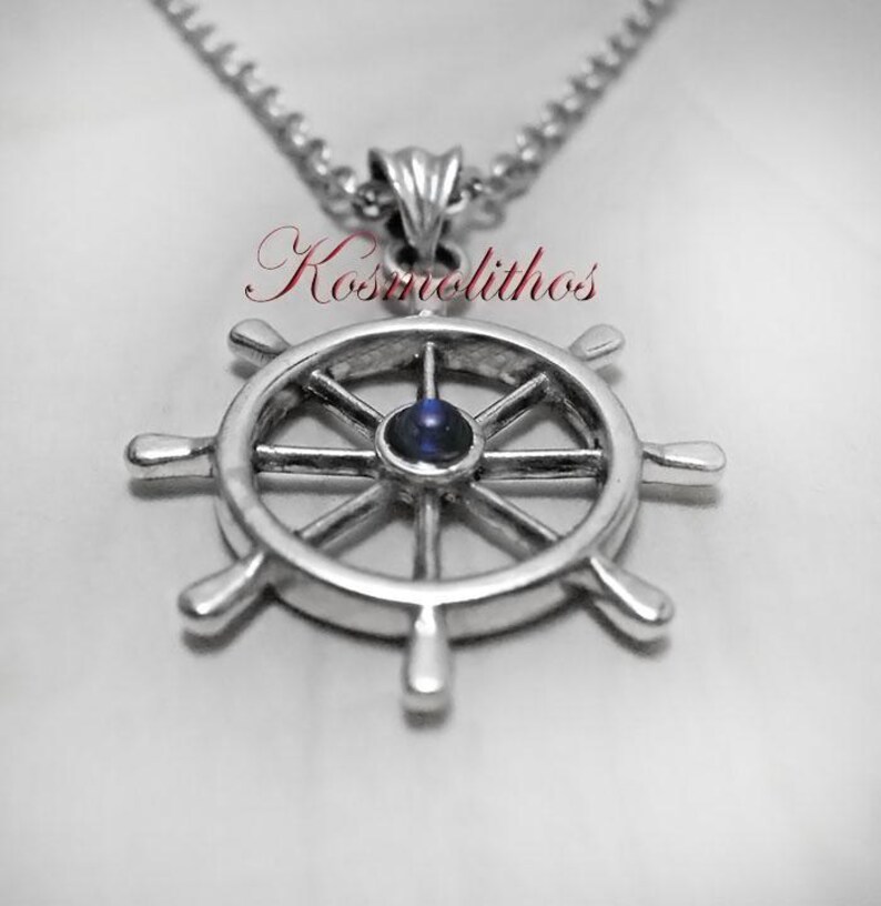 Sterling Silver Wheel Necklace, Labradorite Sailor Pendant, Navy ...