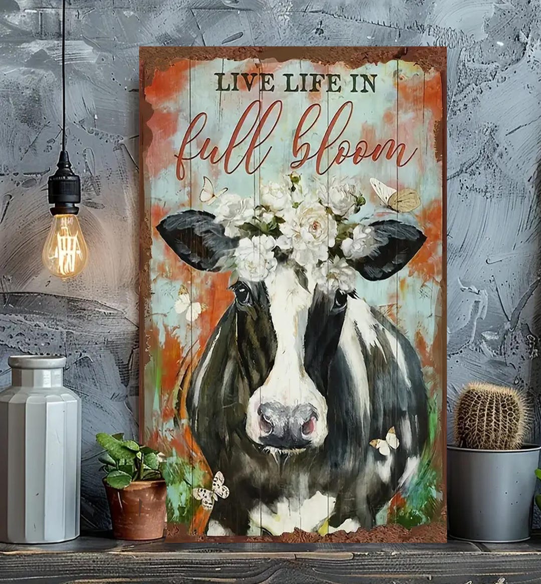 Live Life in Full Bloom Cow With Flowers ~ Metal Sign ~ TS2122 Wall Art ...