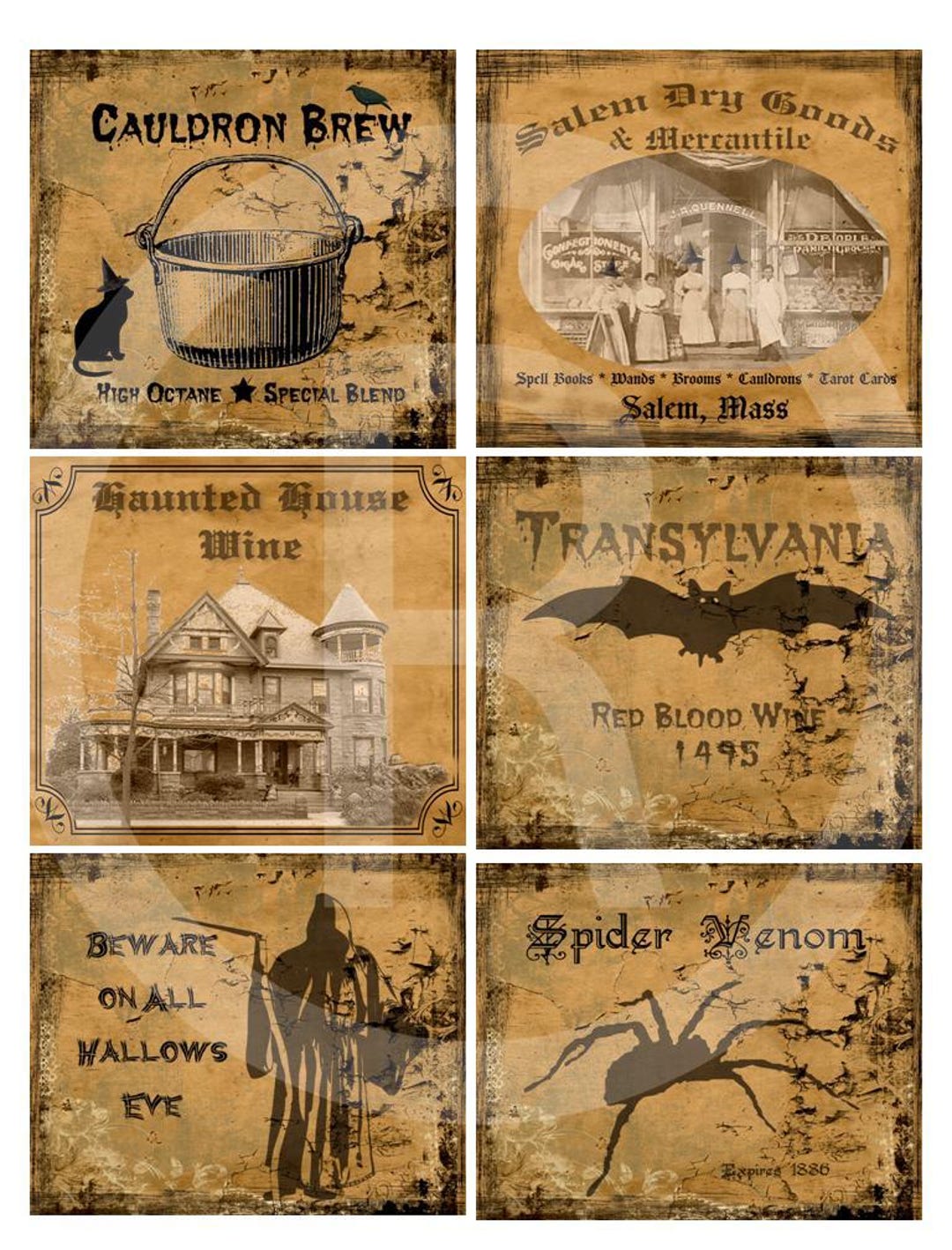 Vintage Primitive Style Halloween Labels for Jars, Tags, Boxes ...