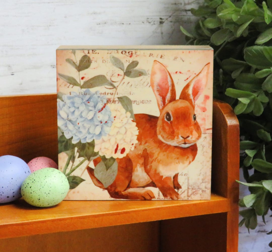 Bunny on Blue Hydrangea Wood Block Shelf Sitter BL1008 - Etsy