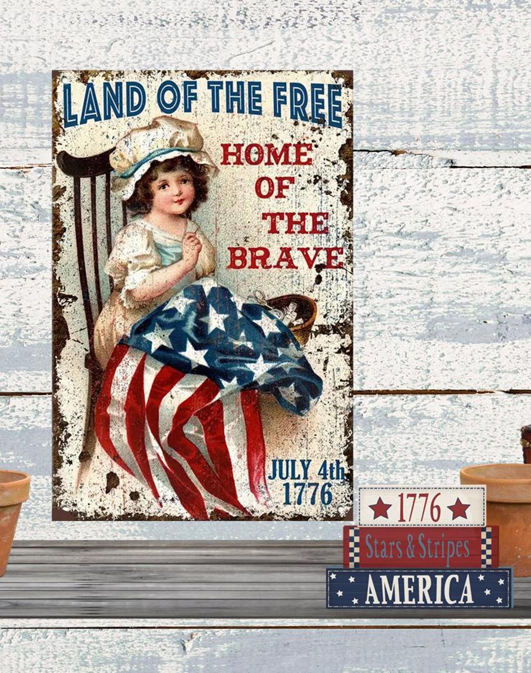 Home of the Free Betsy Ross Sewing Flag ~ Metal Sign ~ TS2236 Patriotic ...