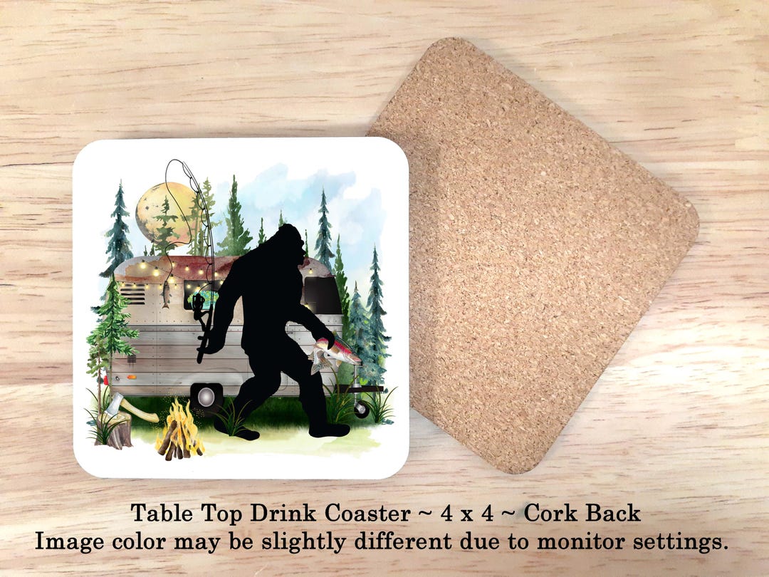 Bigfoot Camping Drink Coasters ~ Set of 4 ~ Table Top Coasters ~ Cork ...